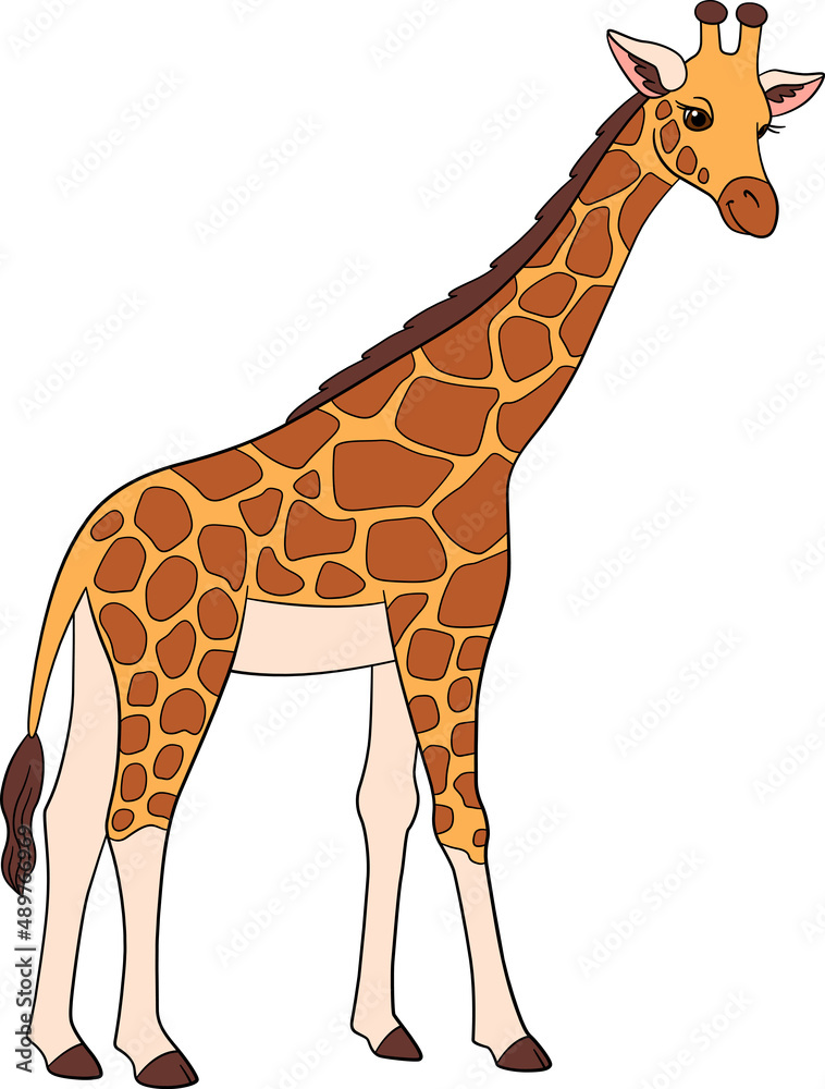 Cartoon wild animals. Big kind giraffe with long neck stands and smiles ...