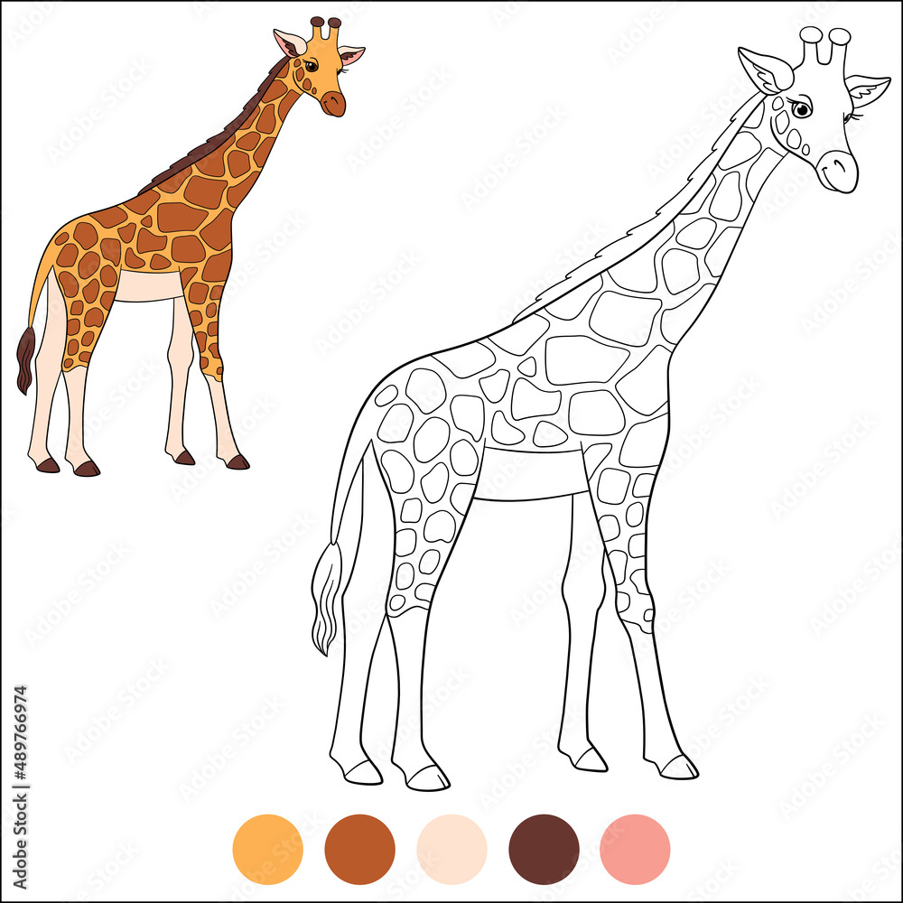Color me: wild animals. Big kind giraffe with long neck stands and ...