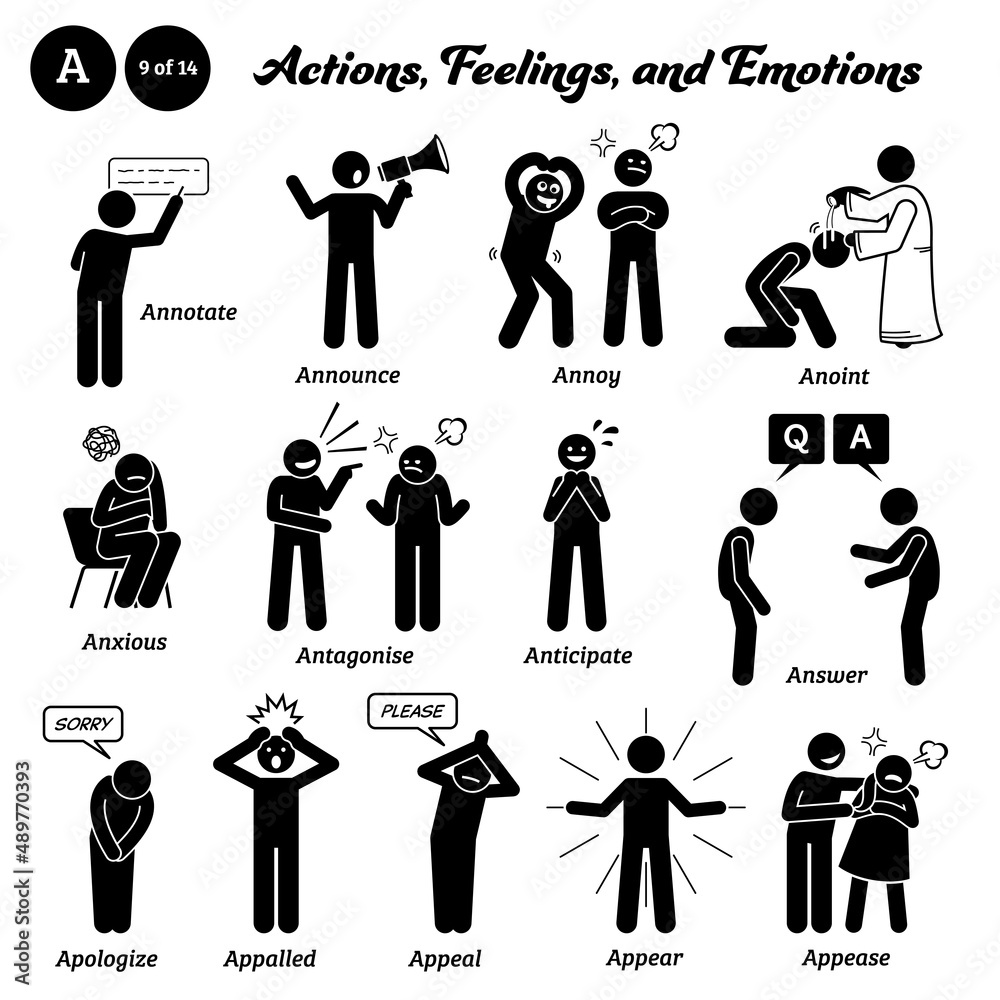 Stick figure human people man action, feelings, and emotions icons ...