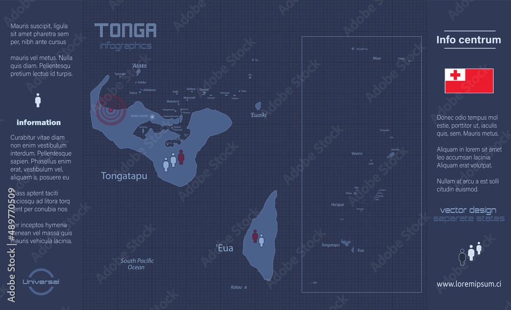 Tonga map, islands with names, infographics blue flat design vector ...