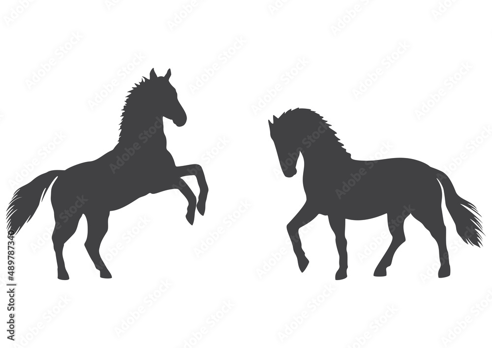Silhouettes of prancing horses, icons set. Vector illustration isolated ...