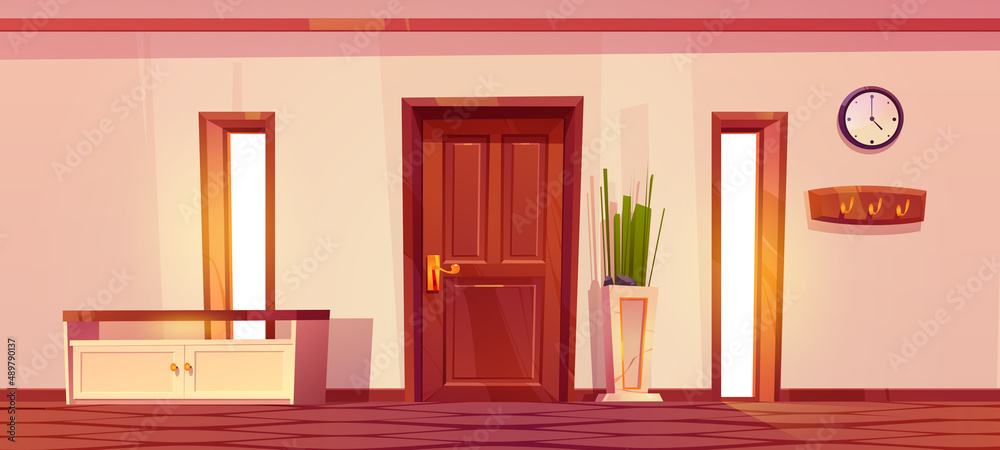 Home hallway interior with closed door, windows, shoes rack, clock and ...
