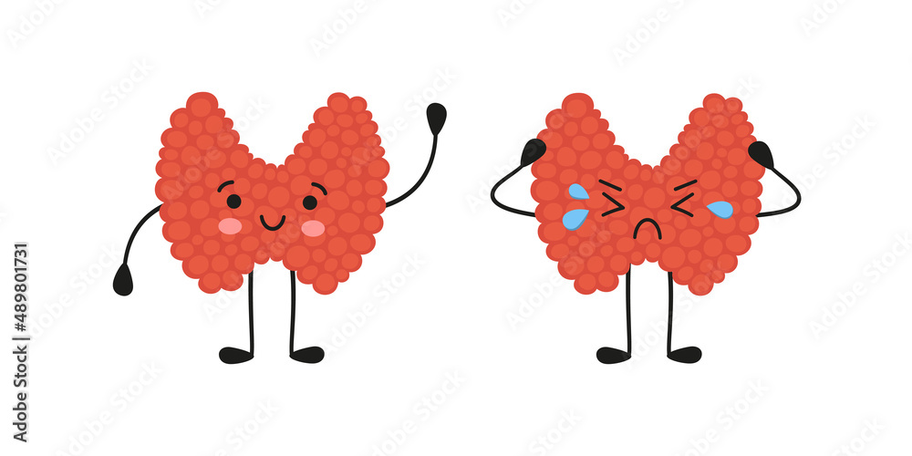 Healthy happy thyroid and upset unhealthy thyroid cartoon characters ...