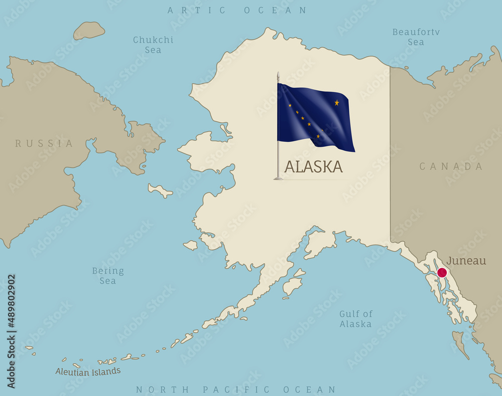 Alaska state highly detailed map with waving flag. Editable map of USA ...