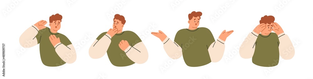 Shocked and surprised men set. Astonished amazed person with confused ...