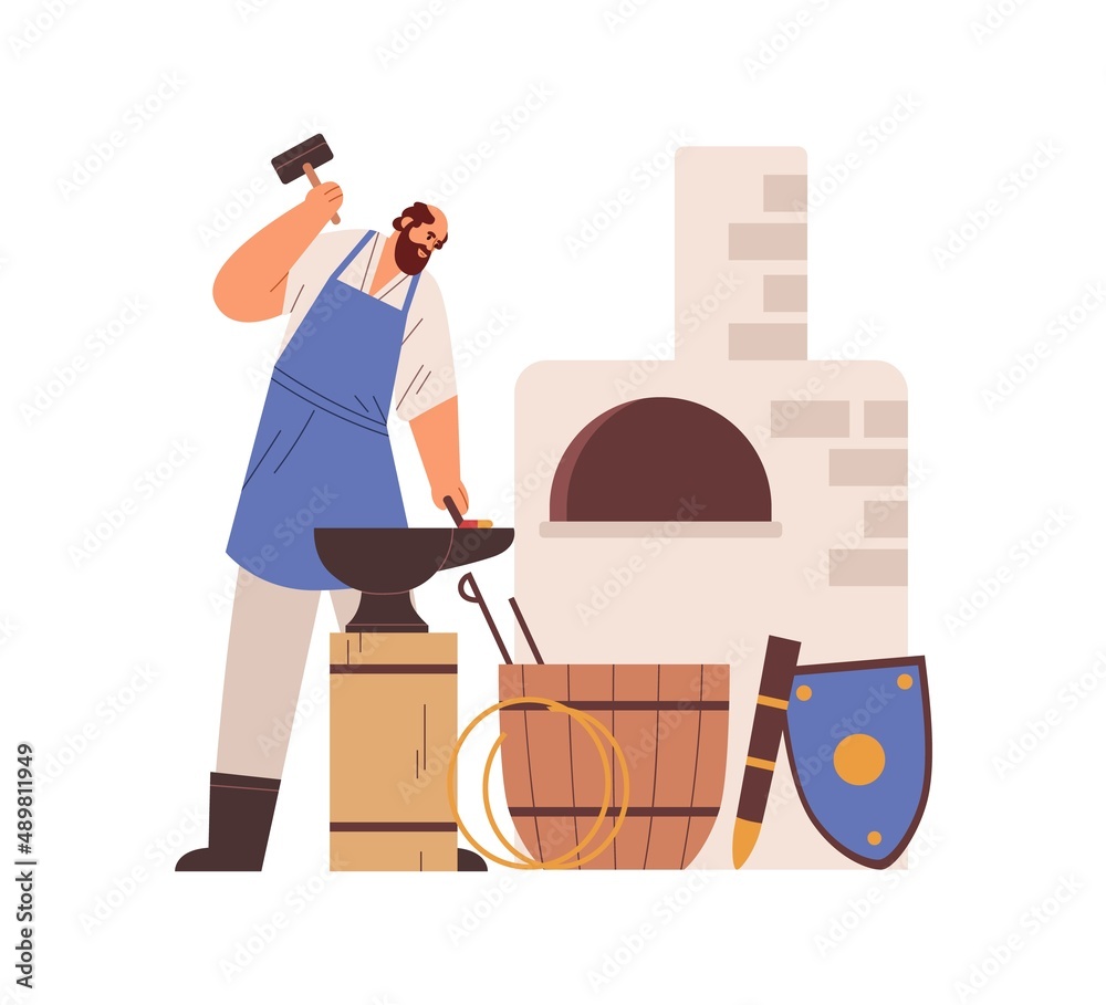Medieval blacksmith working with hot metal, iron and hammer. Ancient ...