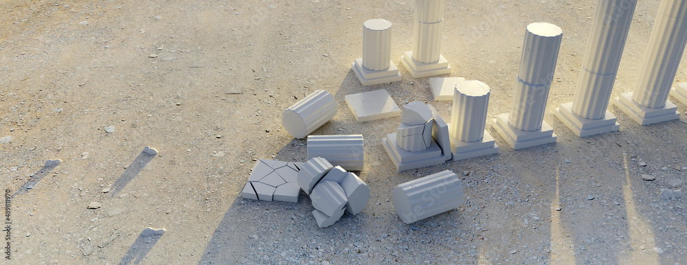 Classic column, marble pillar broken aerial view. Ancient Greek remains ...