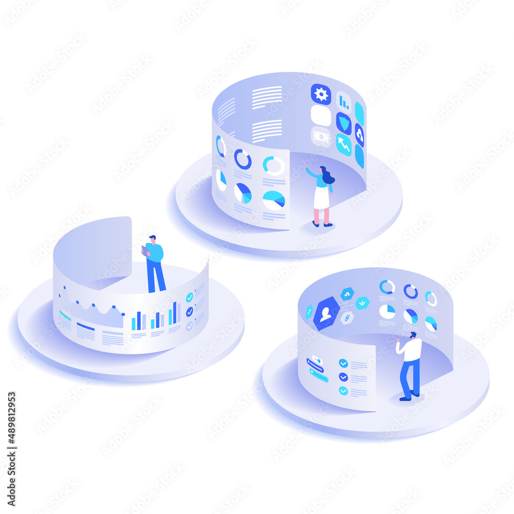 Big data analysis concept. People working with database and examining ...