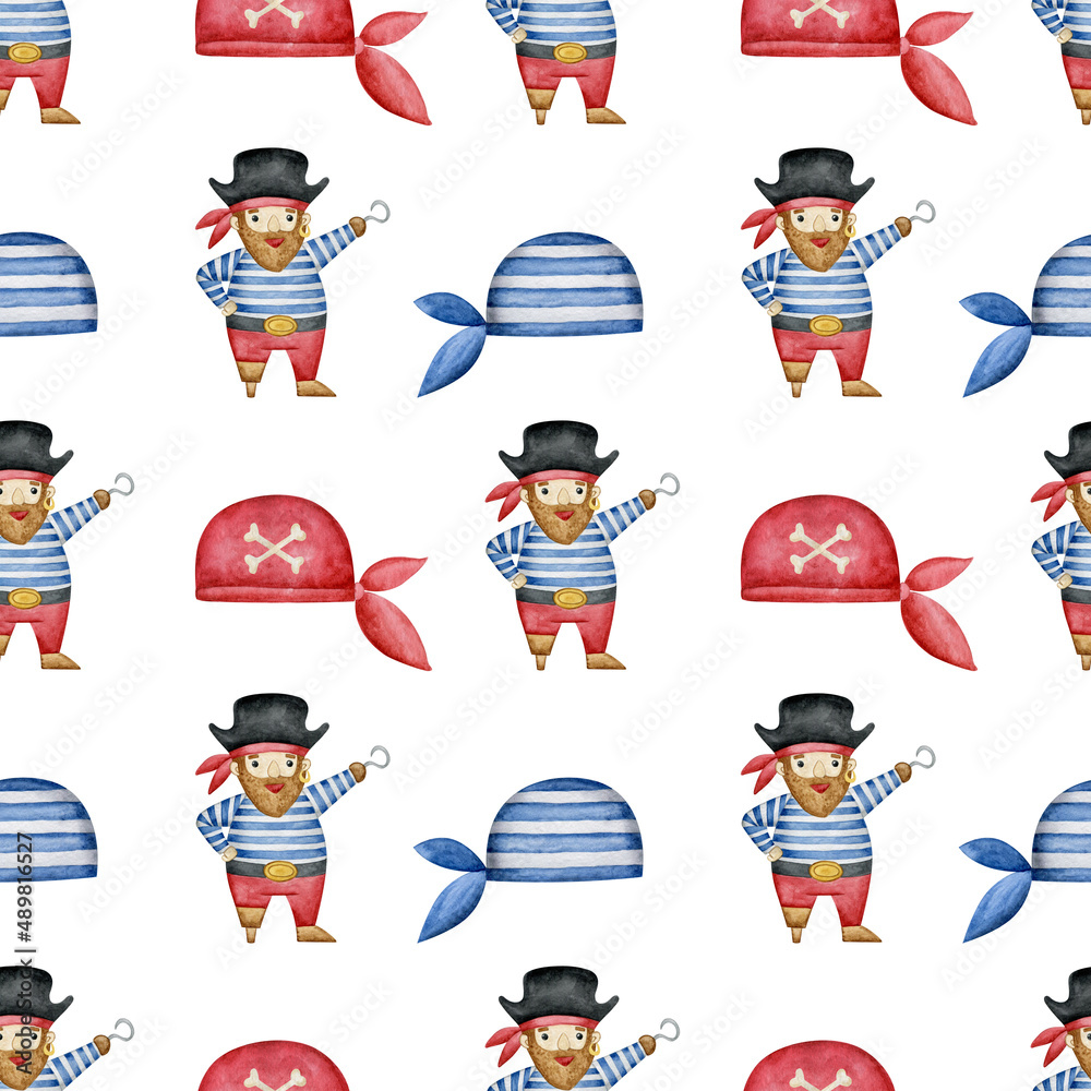 Seamless childish pattern with cartoon pirate and colored bandanas ...