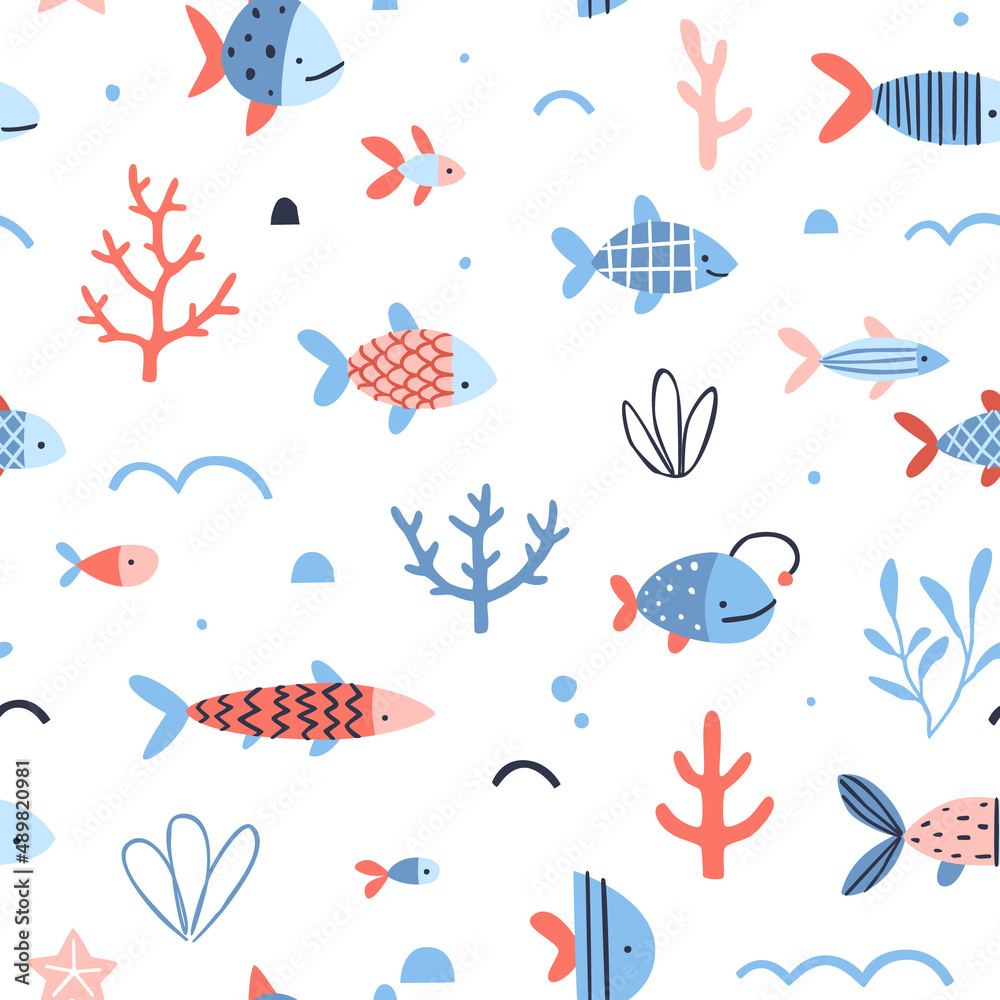 Cute abstract fish and seaweeds doodle pattern. Seamless seabed vector ...