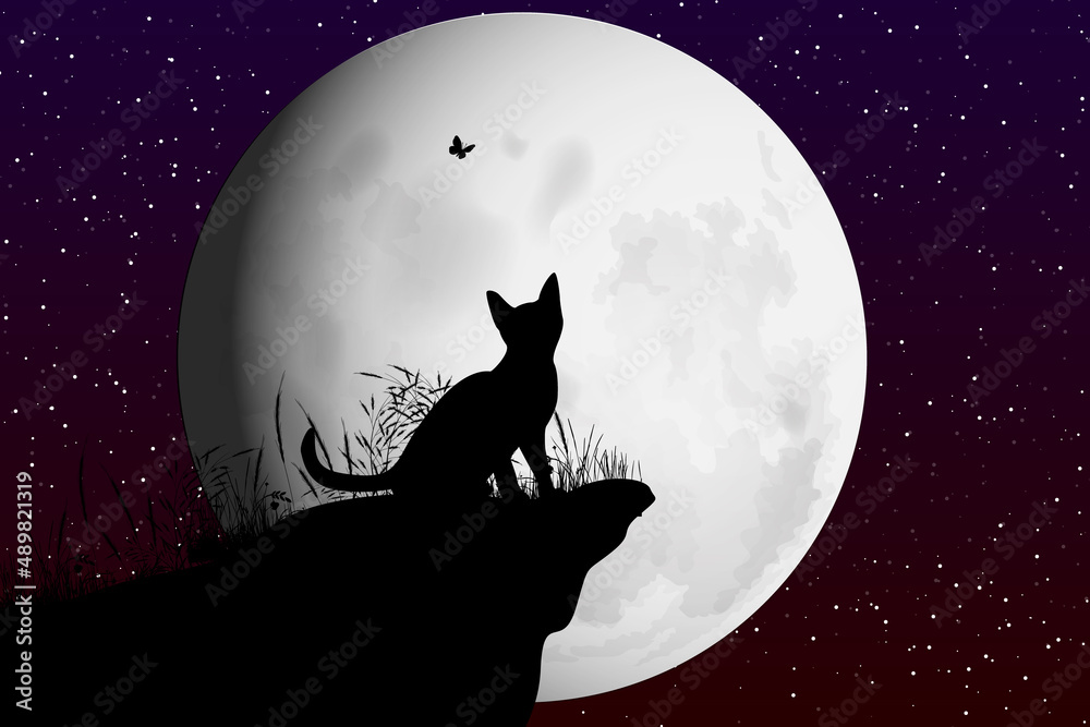 cute cat and moon silhouette illustration Stock Vector | Adobe Stock