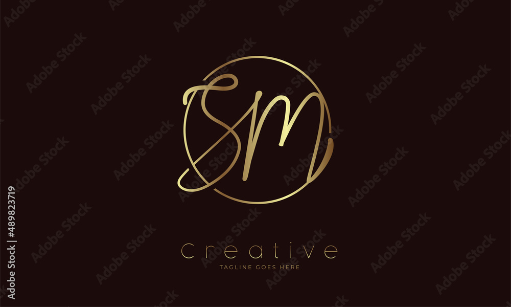 Initial SM Logo, handwritten letter SM in circle with gold colour ...