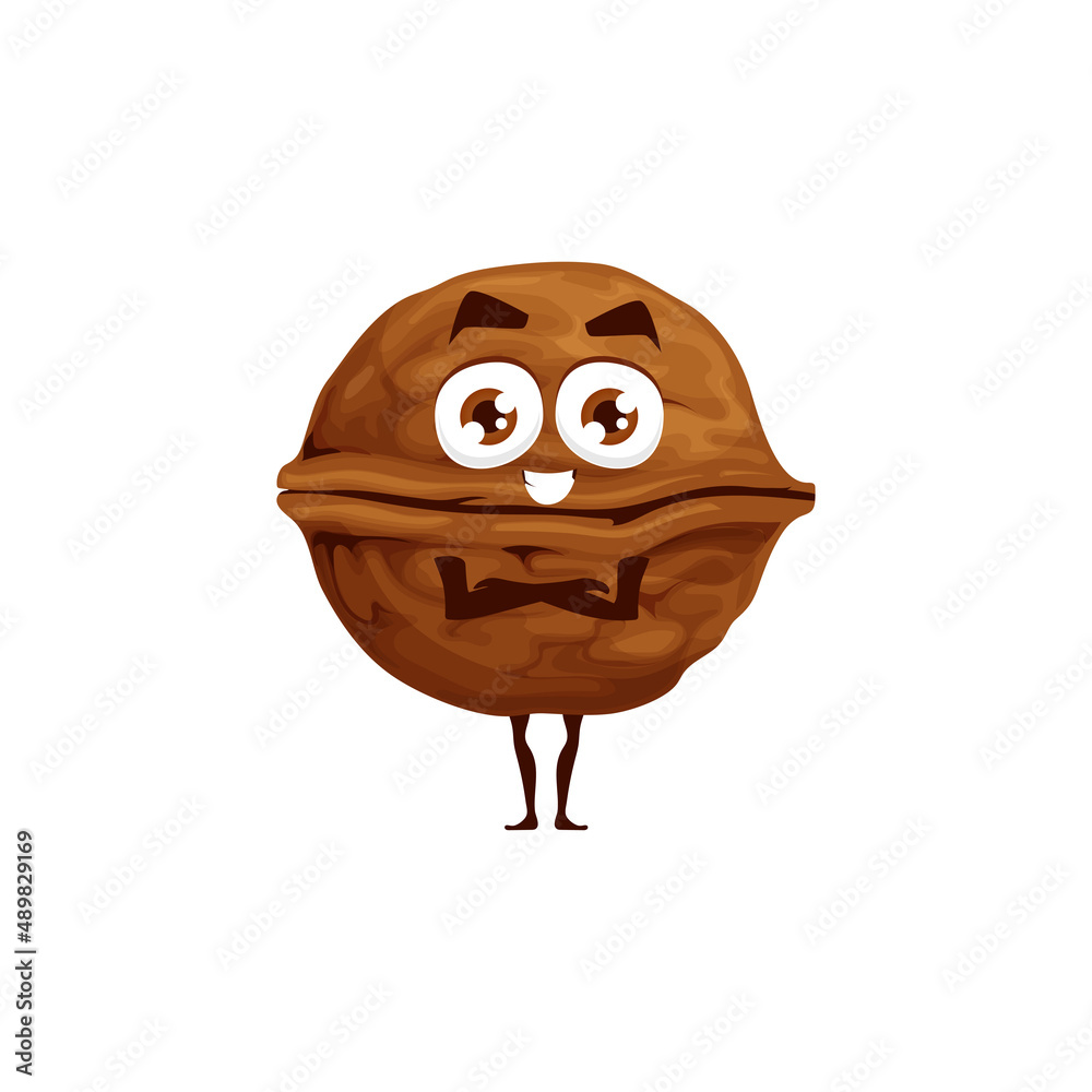 Cartoon funny walnut nut character with face smile, vector food ...