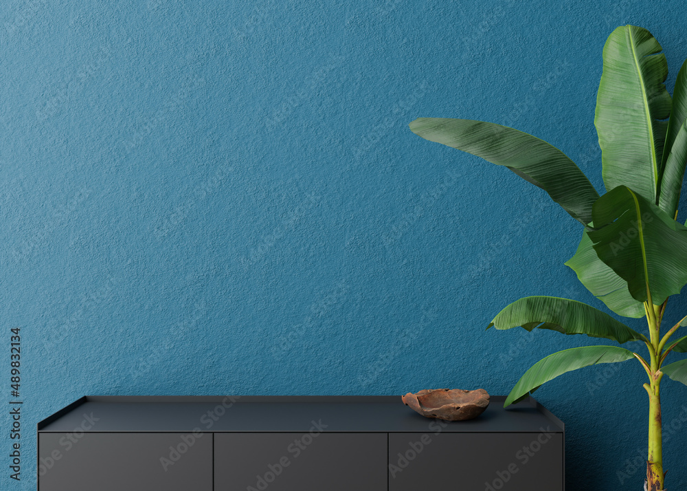 Empty blue wall. Mock up interior in contemporary style. Close up view ...