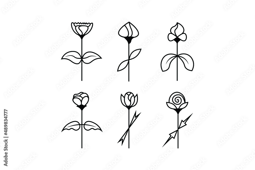 flower outline set, natural floral branch elements set, vector line ...