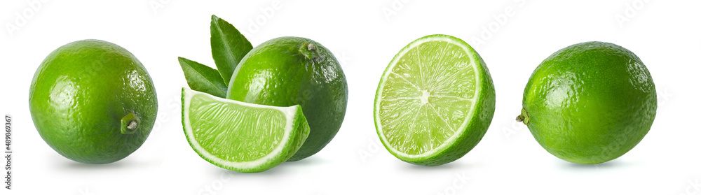 Whole and sliced limes isolated on white background. Fresh limes ...