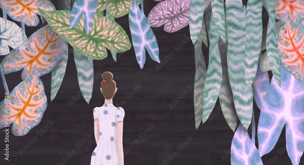 Watercolor painting of a woman in nature. Lady and leafs. Foliage ...