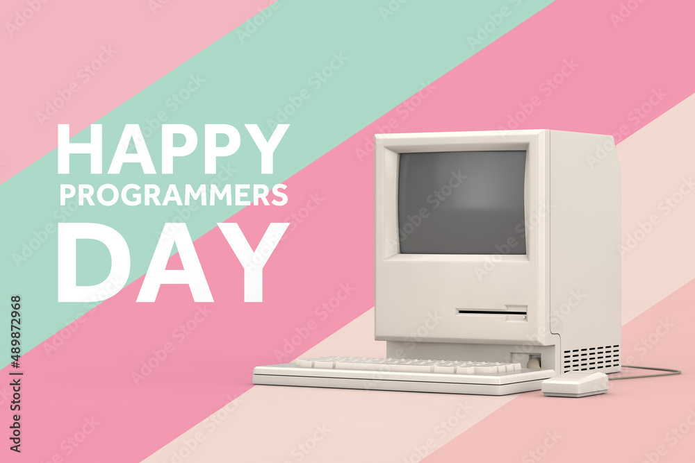 Happy Programmers Day Concept Retro Personal Computer With Programmers