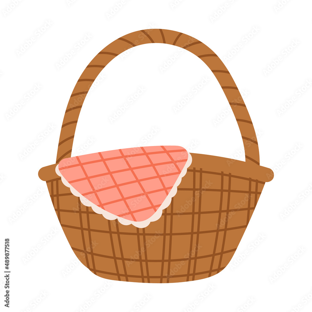 Cute brown garden wicker basket with red checkered blanket isolated on ...