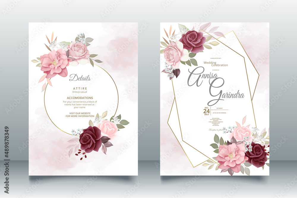 Elegant wedding invitation card with beautiful maroon floral and leaves ...