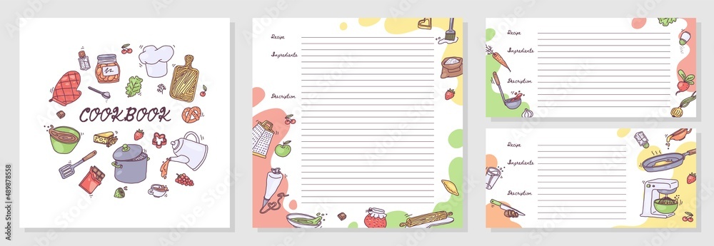 Recipe book cover and sheets template with space for ingredients and ...