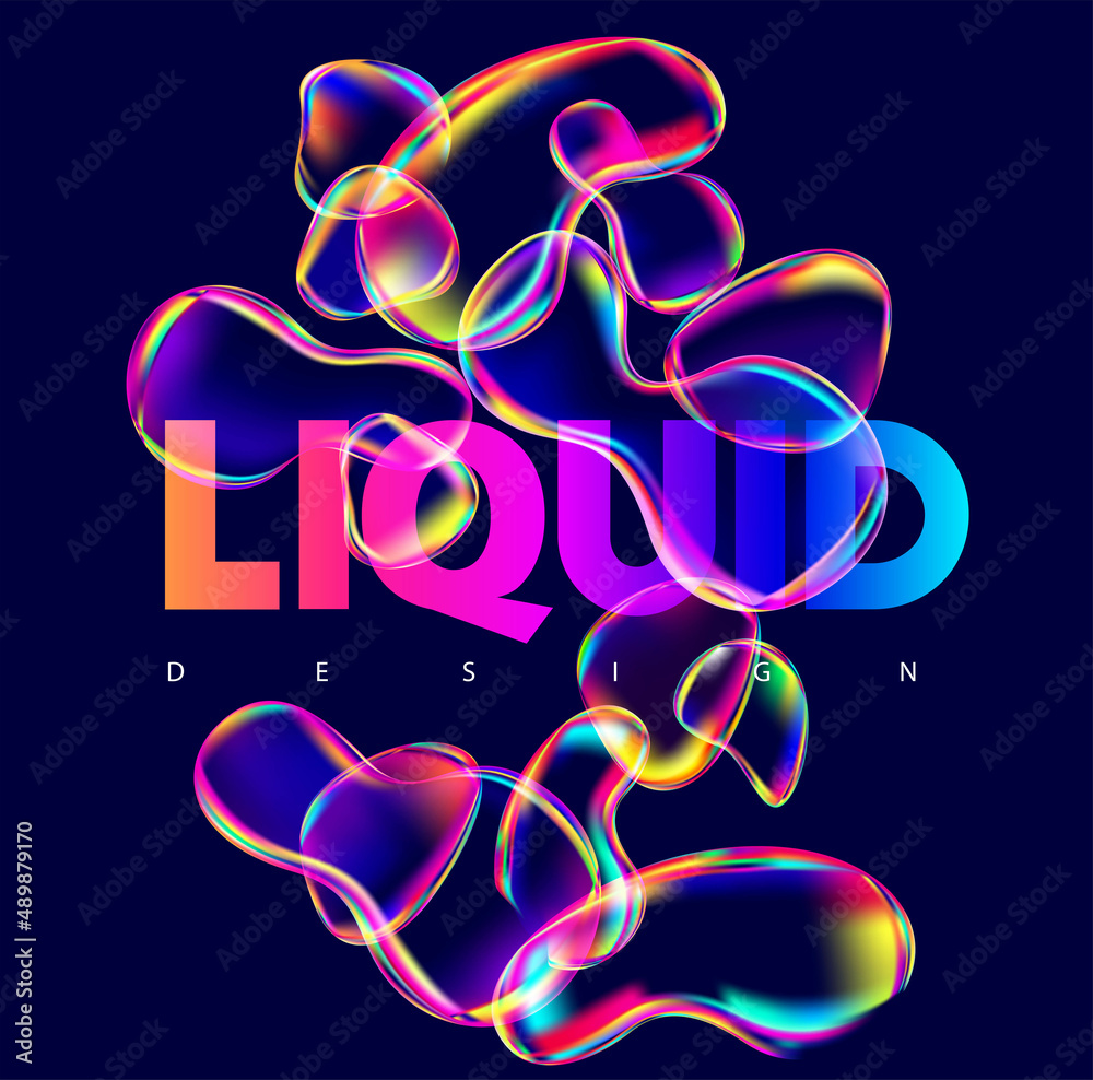 Abstract poster design with luminescent liquid bubbles and geometric ...