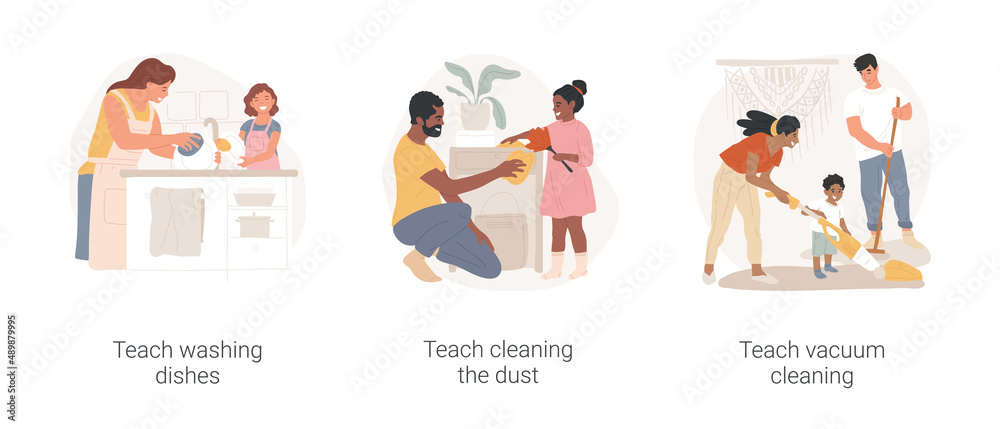Household maintenance skills in home education isolated cartoon vector ...