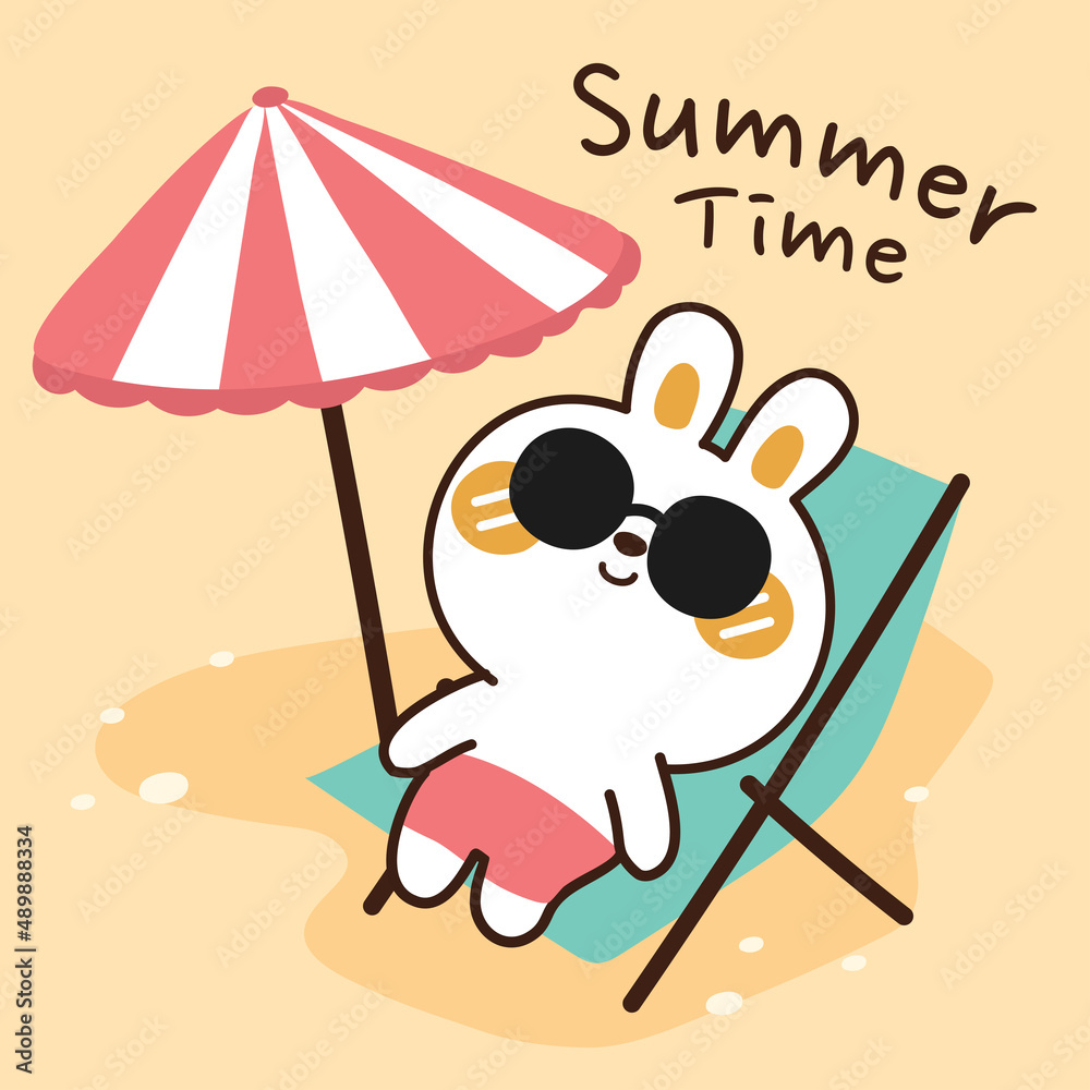 Cute rabbit wearing sunglasses siting on beach in cartoon style.Summer ...