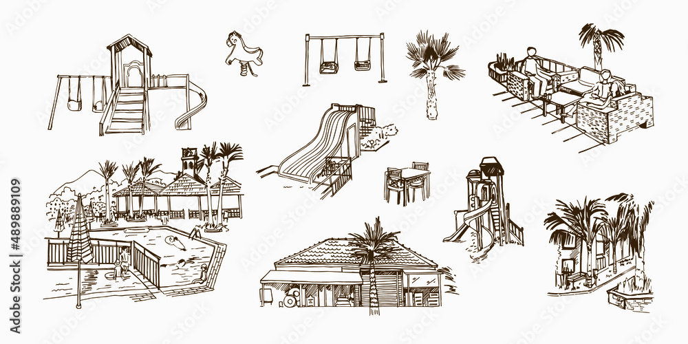 Vector sketches of a Turkish resort. Kemer. The architecture of hotels ...