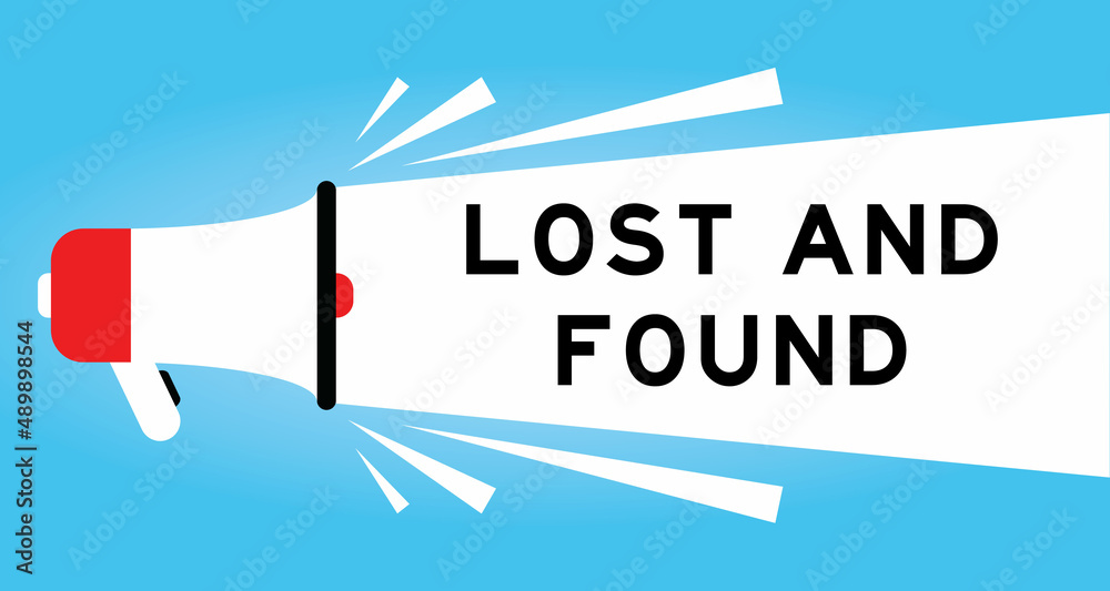 Color megphone icon with word lost and found in white banner on blue ...