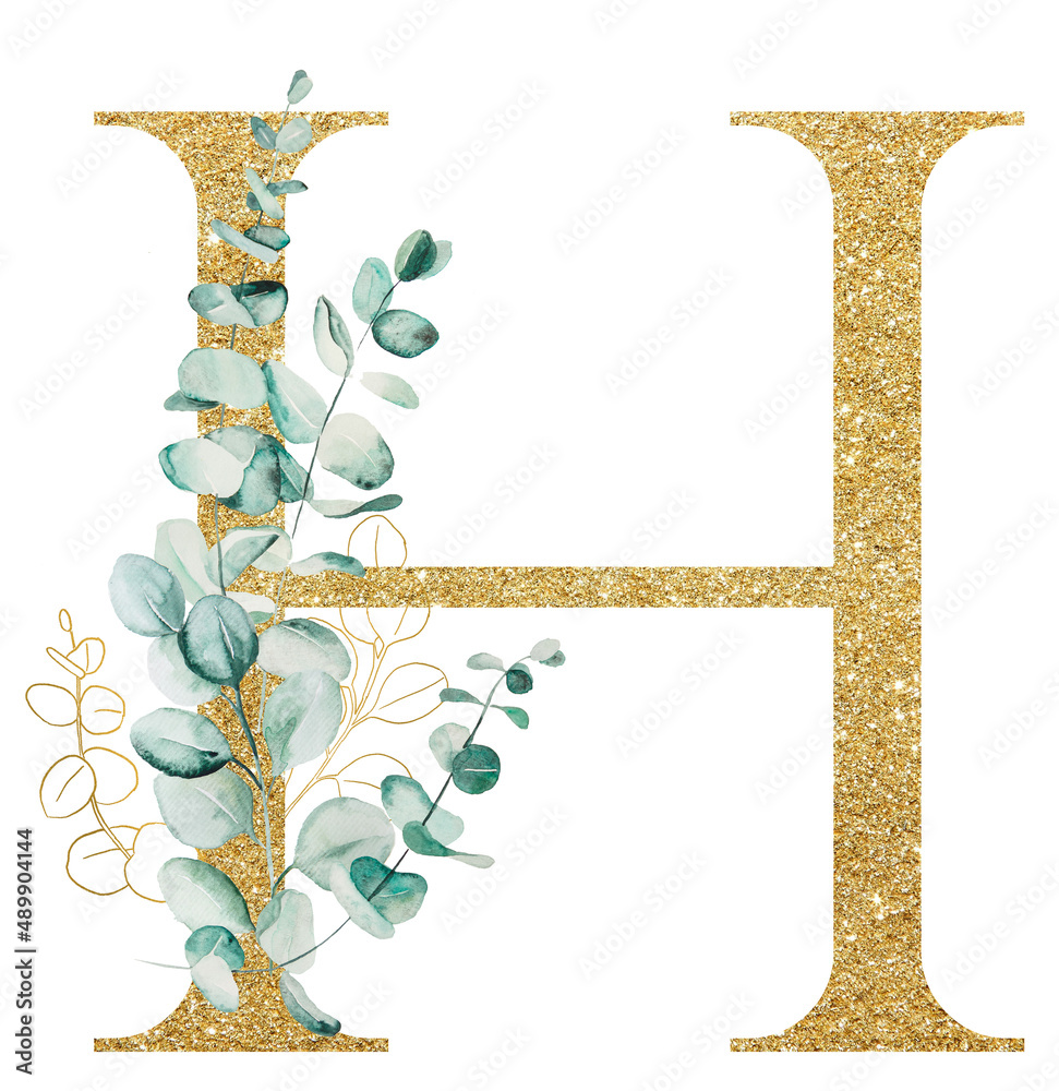Golden letter H decorated with green Watercolor eucalyptus branches and ...