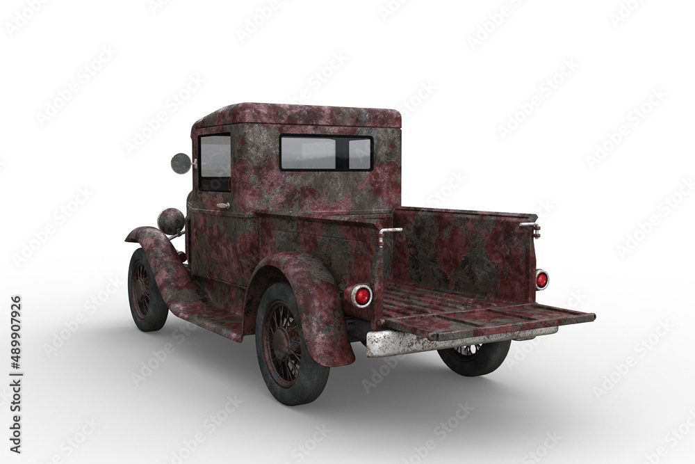 Rear view of rusty old vintage pickup truck with tailgate down. 3D ...