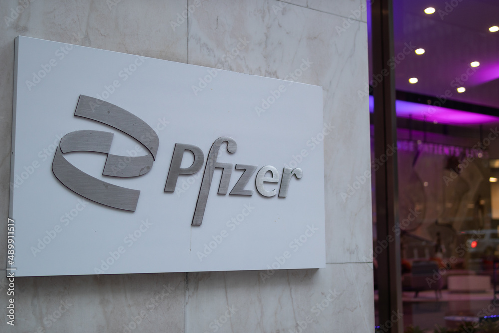 Pfizer Pharmaceutical Company Logo Outside their New York City World ...