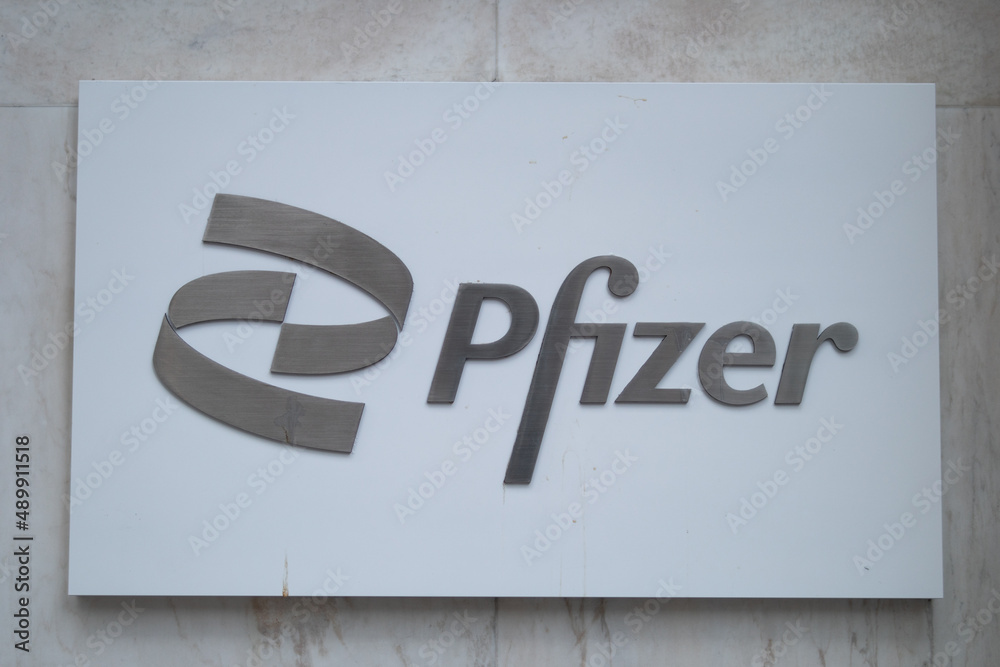 Pfizer Pharmaceutical Company Logo Outside their New York City World ...