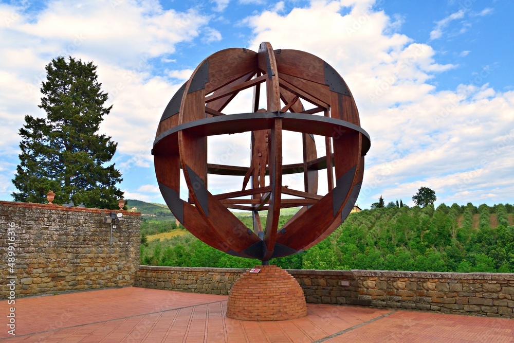 Italy, Florence, Vinci, May 2021 wooden structure of the Vitruvian man ...