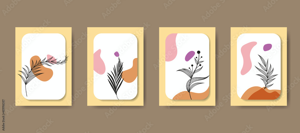 Botanical abstract line leaves wall art vector set. Abstract plant art ...
