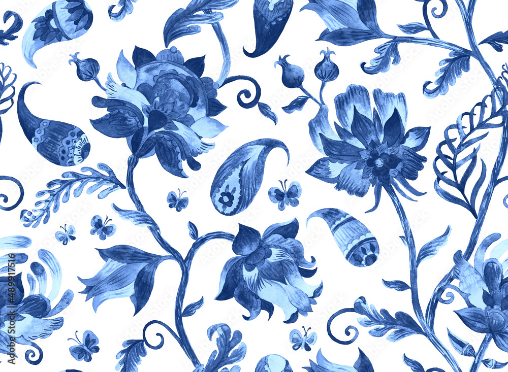 Paisley watercolor floral pattern. Jacobean floral tile: flowers ...