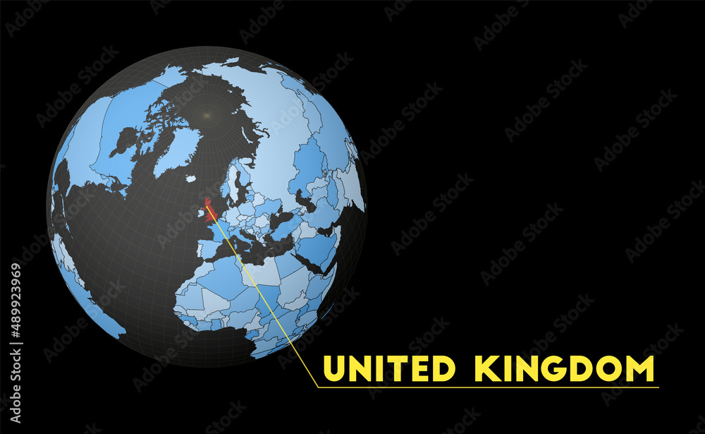 United Kingdom on dark globe with blue world map. Red country ...