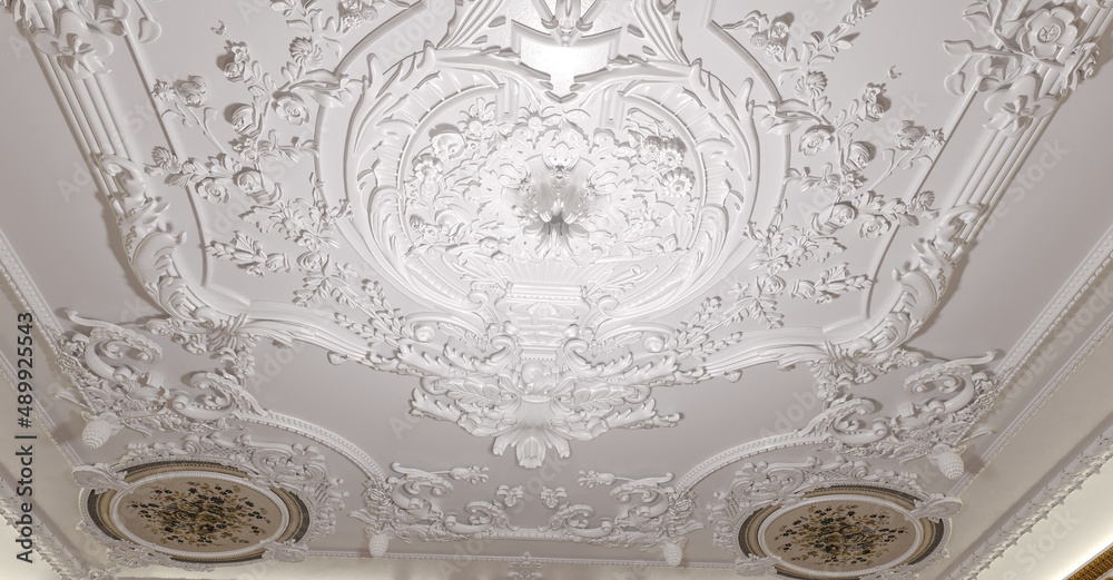Barocco style ceiling 3d rendering interior hall design. Ornament white ...