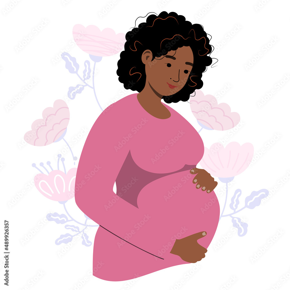 Happy pregnant african american woman holds her belly. Pregnancy ...