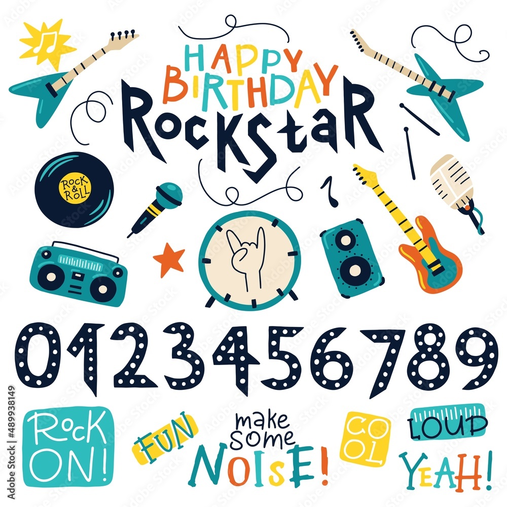 Vetor de Happy birthday rock star. Vector collection with illustrations ...