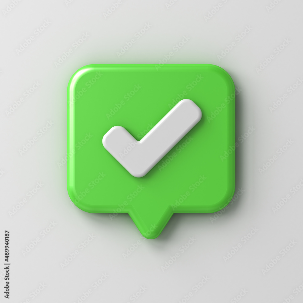 3d social media notification check mark symbol icon on green rounded ...