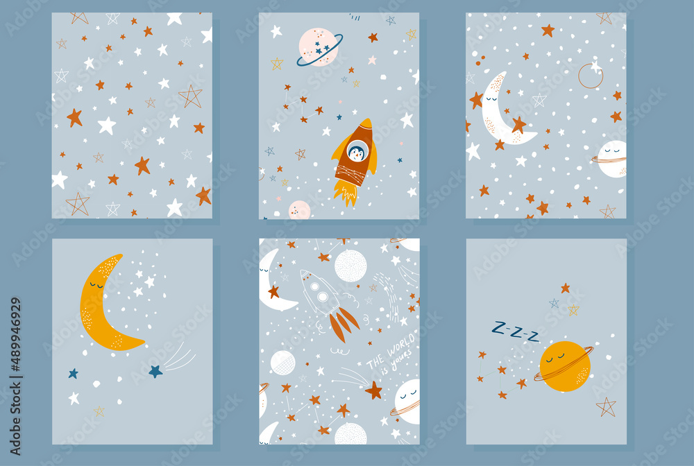 Cosmic theme cards . Cute vector illustrations with stars, moon, rocket ...