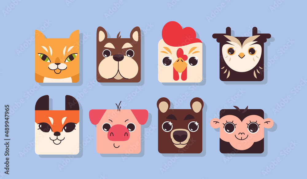Flat cute colorful square animal faces. Funny pig, cow, dog, cat, fox ...