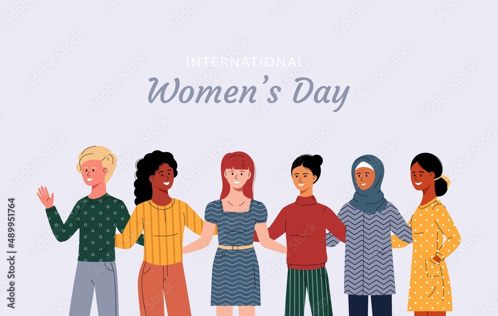 International women's day card. Six women of different nationalities ...