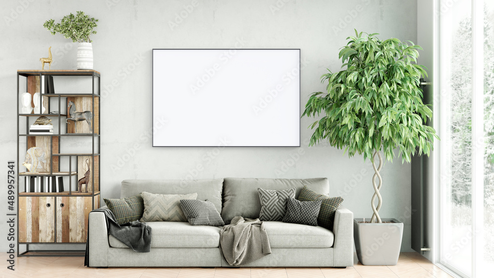 Modern interior of a room with an empty painting. Sofa and large window ...