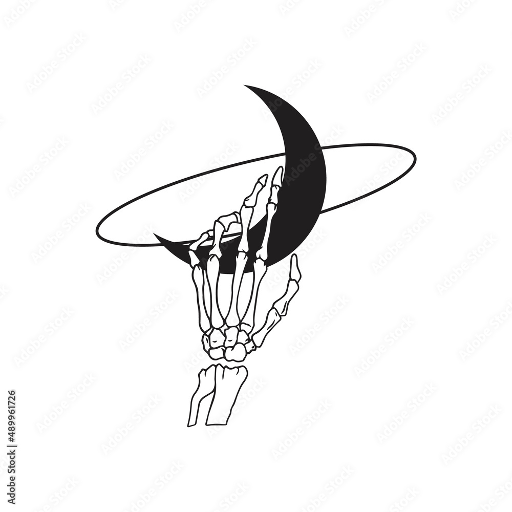 Skeleton Hand Gestures. Hand Drawn Bones Hand Holding moon. Vector ...