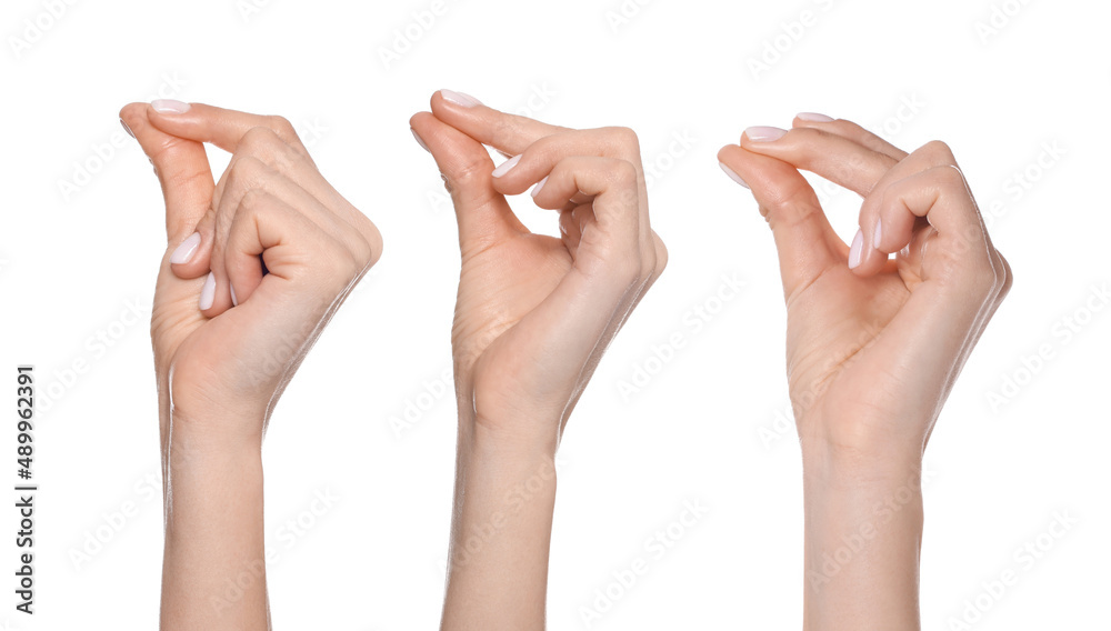 Collage with photos of women snapping fingers on white background ...