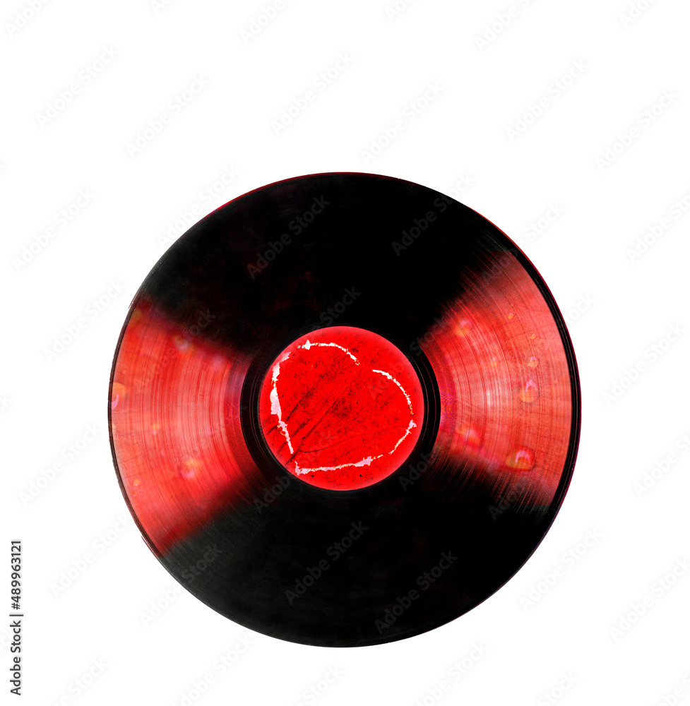 Red color vinyl record with textured hearth shape in the middle and ...