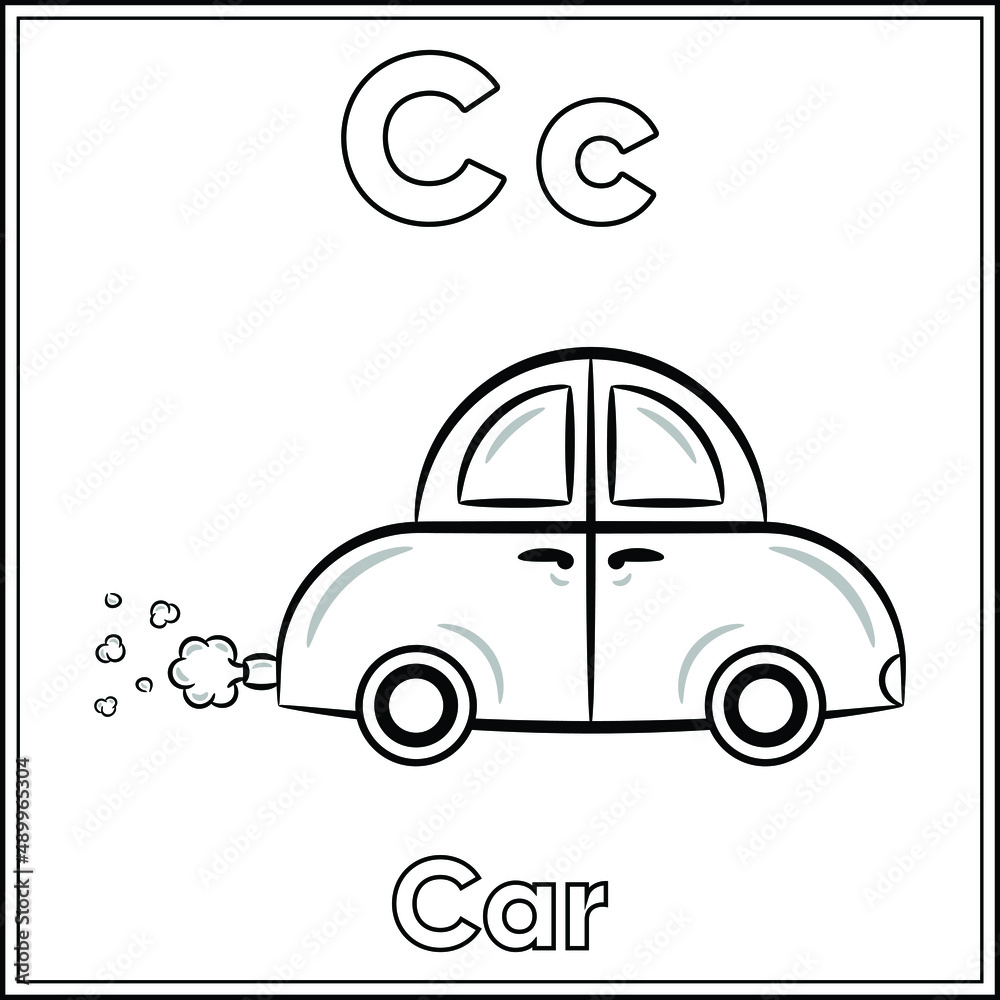 Alphabet flashcard letter C learning with cute car drawing sketch for ...